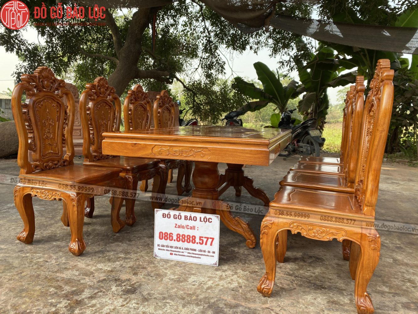Bộ Bàn Ăn Luois Hoa Hồng Gỗ Gõ 8 Ghế
