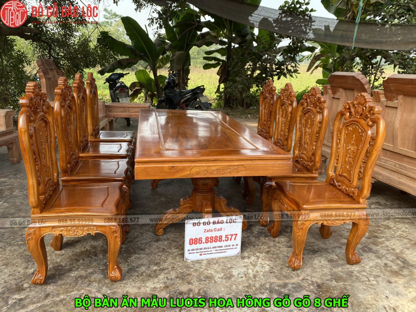 Bộ Bàn Ăn Luois Hoa Hồng Gỗ Gõ 8 Ghế